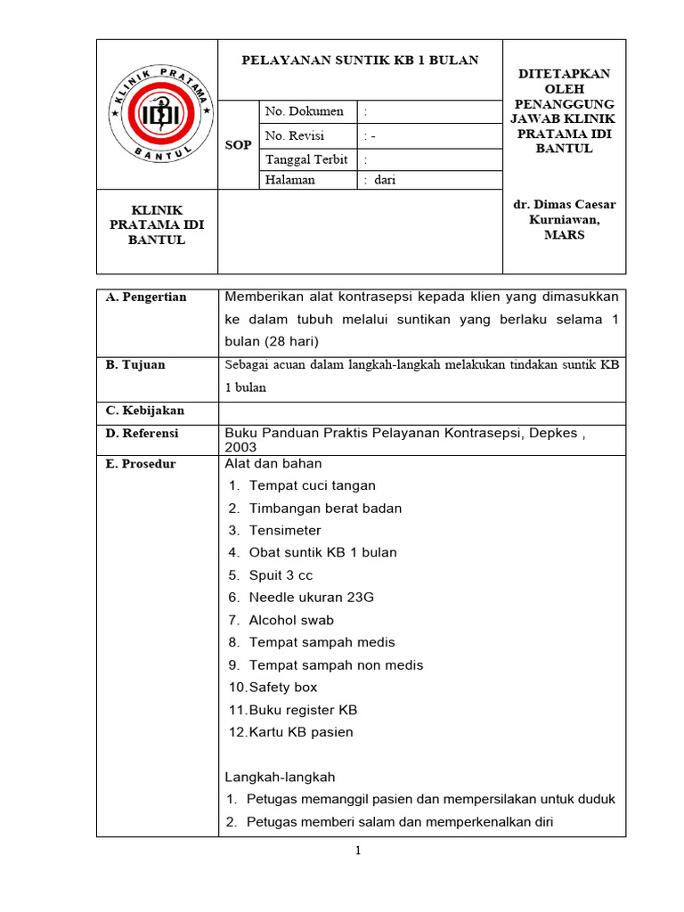 Prosedur Suntik KB 1 Bulan di Klinik IDI | PDF | Sains & Matematika