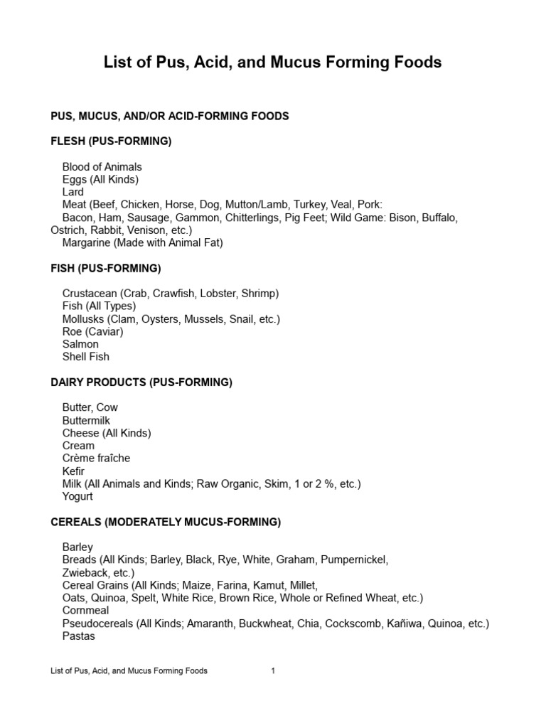 List of Pus, Acid, and Mucus Forming Foods | PDF | Drink | Fermentation ...