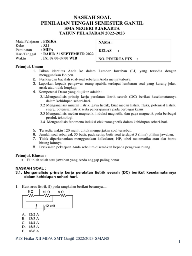 Naskah Soal PTS Fisika Xii Mipa Semester Ganjil 2022-2023 | PDF