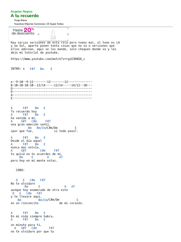 A TU RECUERDO, Angeles Negros - Tablatura | PDF | Música grabada