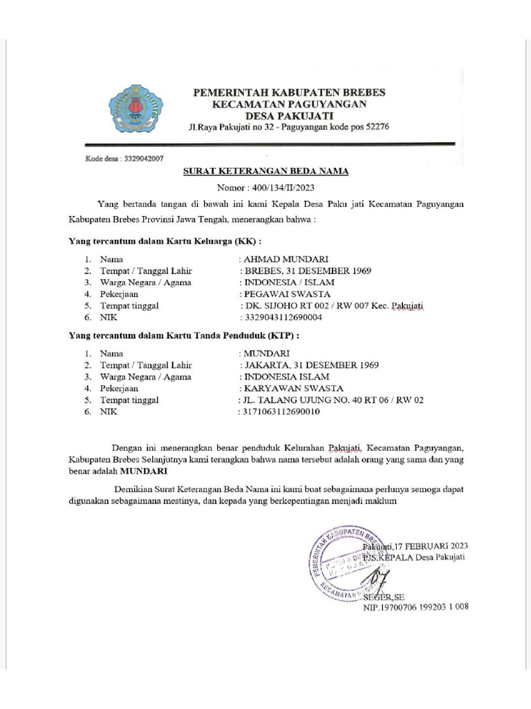 Surat Keterangan Beda Nama | PDF