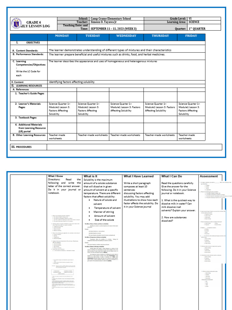 Melc-Based Science DLL Quarter 1 Week 3a4 | PDF | Solubility | Solvent