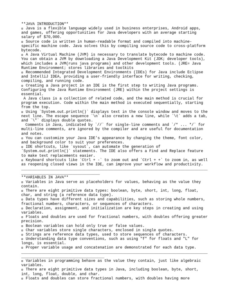 Java Introduction Pdf Java Programming Language Data Type