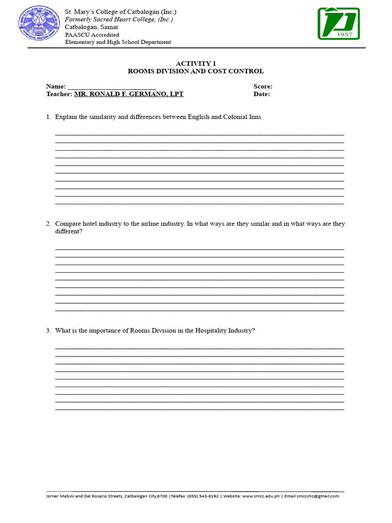 Rooms Division Activity | PDF