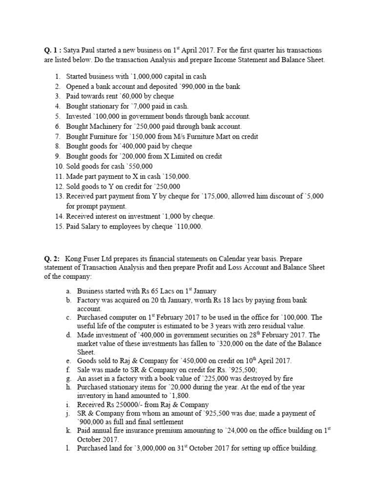 Questions For Practice - Transaction Analysis | PDF | Banks | Cheque