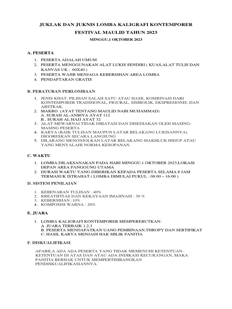 Juklak Dan Juknis Lomba Kaligrafi Kontemporer Festifal Maulid | PDF ...