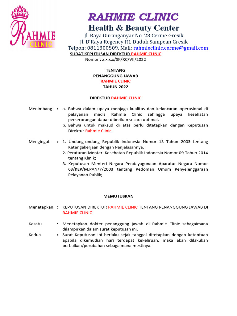 Keputusan Penanggung Jawab Rahmie Clinic | PDF