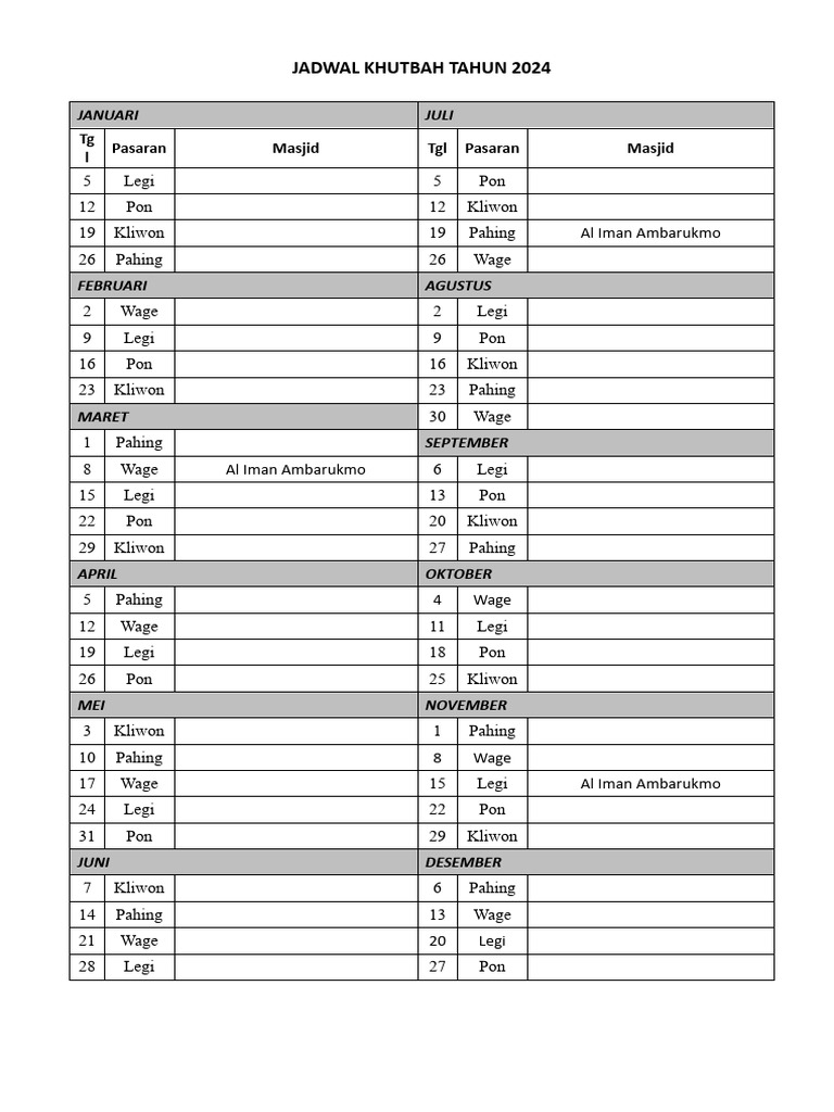 Jadwal Khutbah Tahun 2024 | PDF