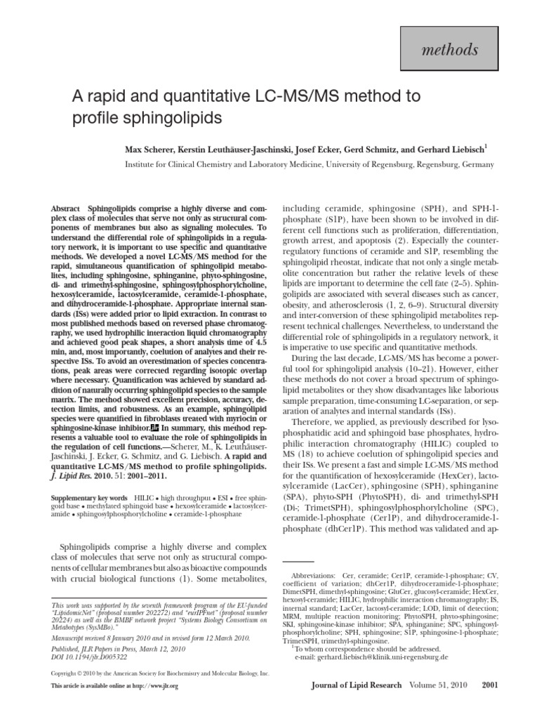 A Rapid and Quantitative LC-MS/MS Method To Profi Le Sphingolipids | Download Free PDF | High ...