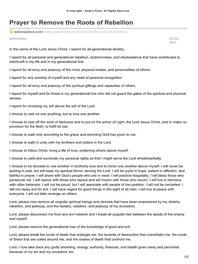 Prayer To Remove The Roots of Rebellion | PDF | Prayer | Jesus