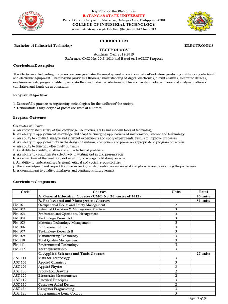 Bachelor of Industrial Technology BIT Electronics | PDF