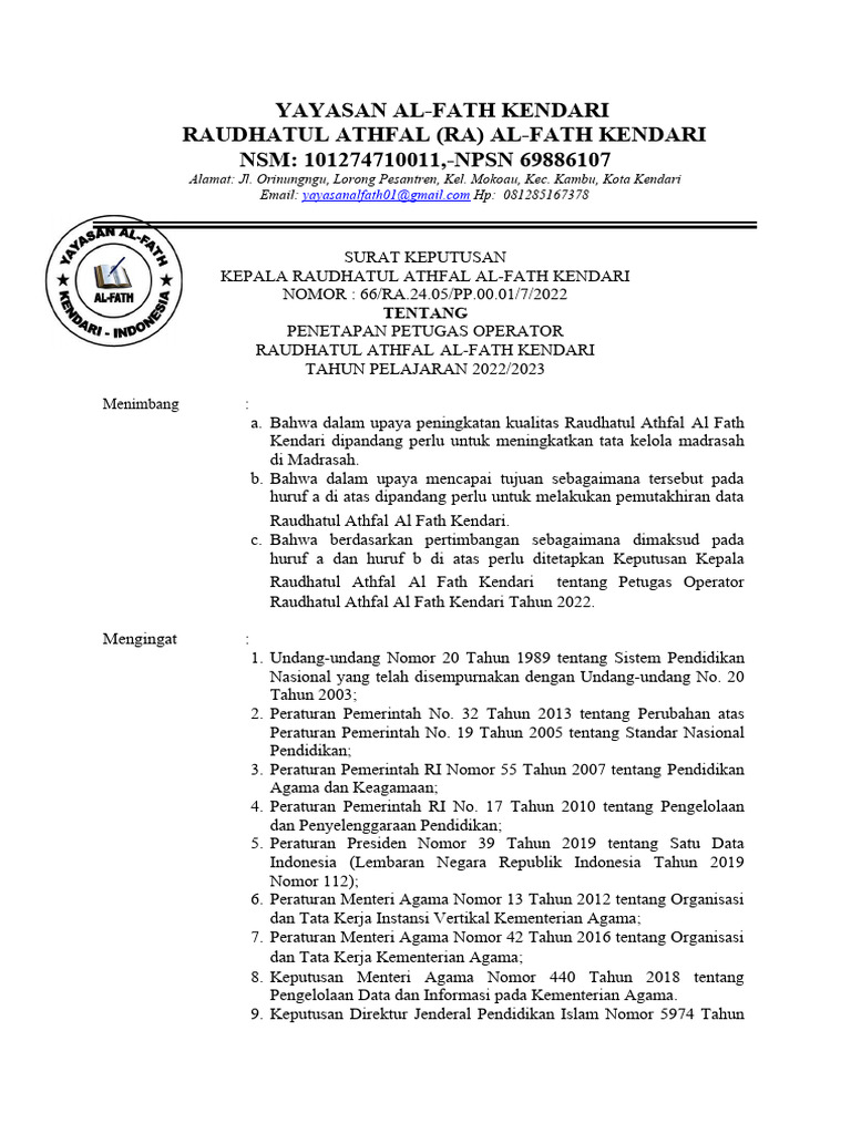 SK Penetapan Operator RA Al-Fath 2022 | PDF