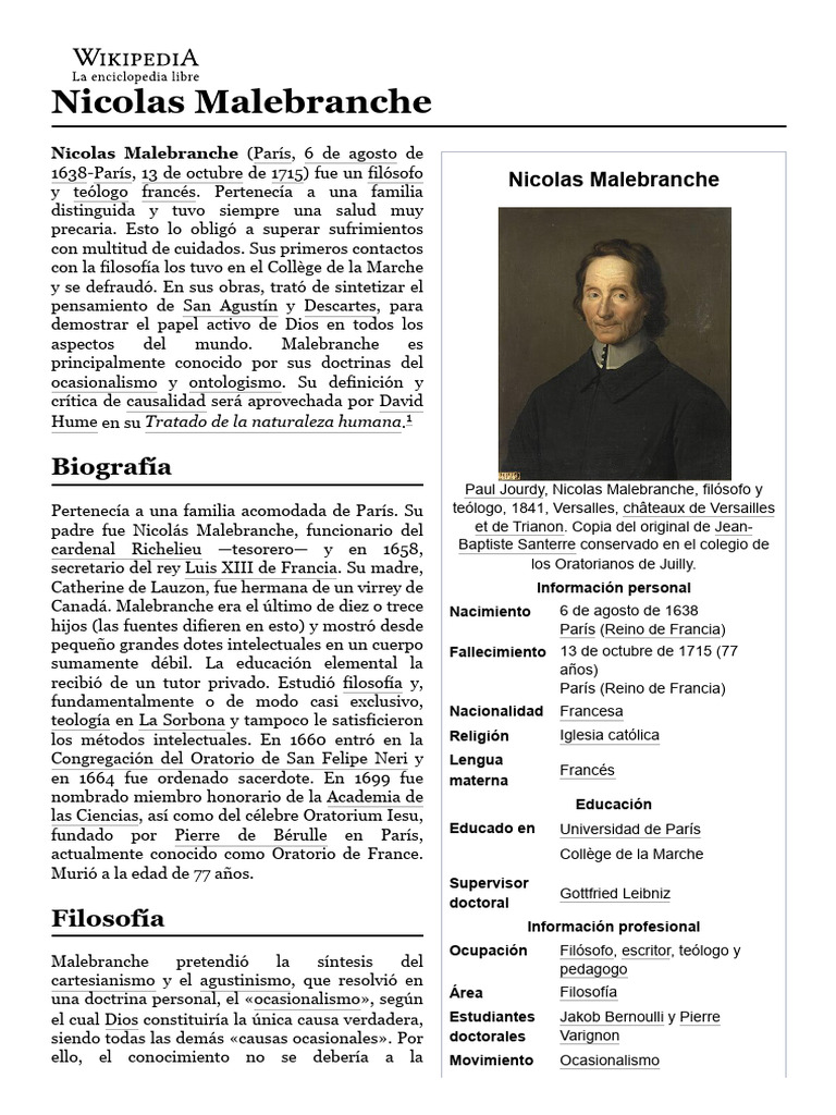 Nicolas Malebranche: Filosofía y Ocasionalismo | PDF | Social Science ...