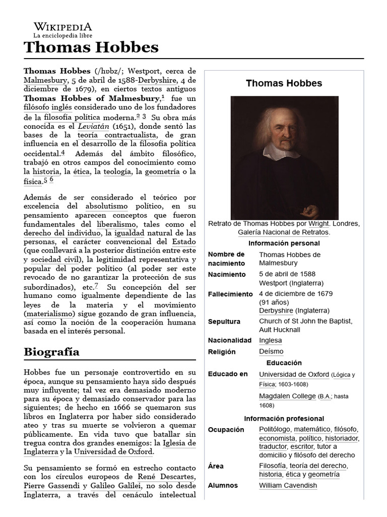 Biografía de Thomas Hobbes: Filósofo Político | PDF
