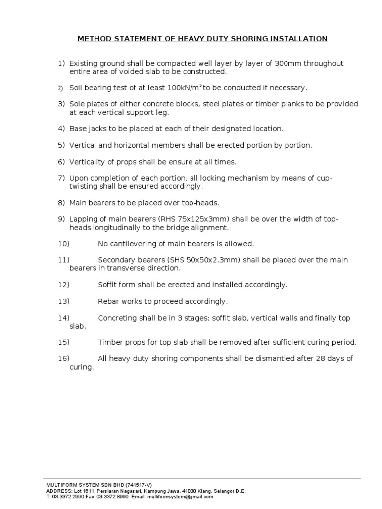 Method Statement of Heavy Duty Shoring Installation | PDF