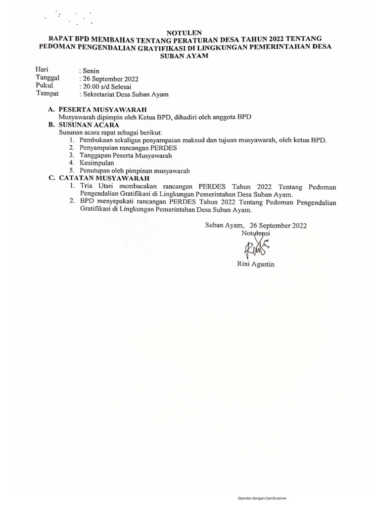 Notulen Rapat BPD | PDF