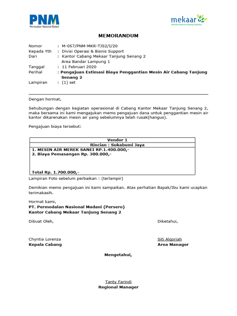 Memo Pengajuan Mesin Air | PDF