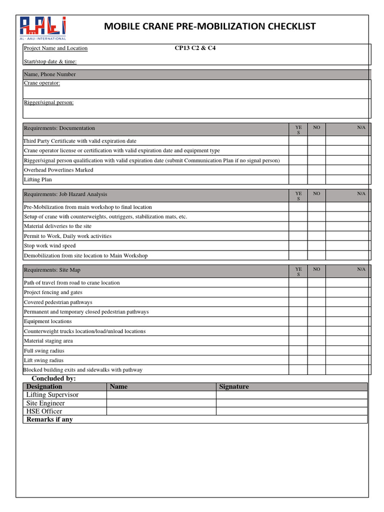 JJJJJ Pre-Mobilization-Checklist | PDF