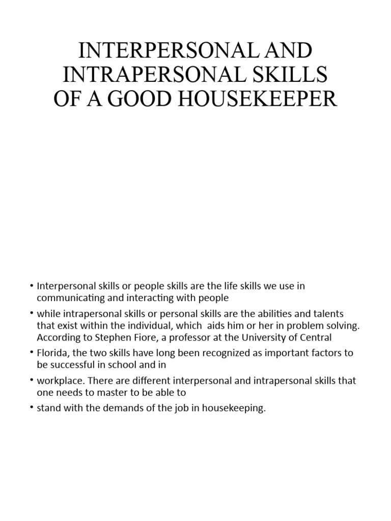 Interpersonal and Intrapersonal Skills of A Good Housekeeper | PDF