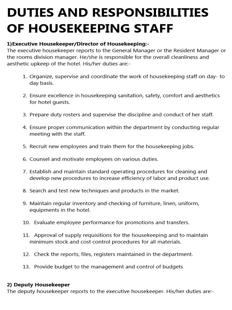 The Housekeeping Department Duties and Responsibilities of Housekeeping ...