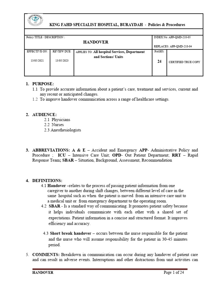 Handover Policy VERSION 5 - JULY 2021 FINAL | PDF | Emergency ...