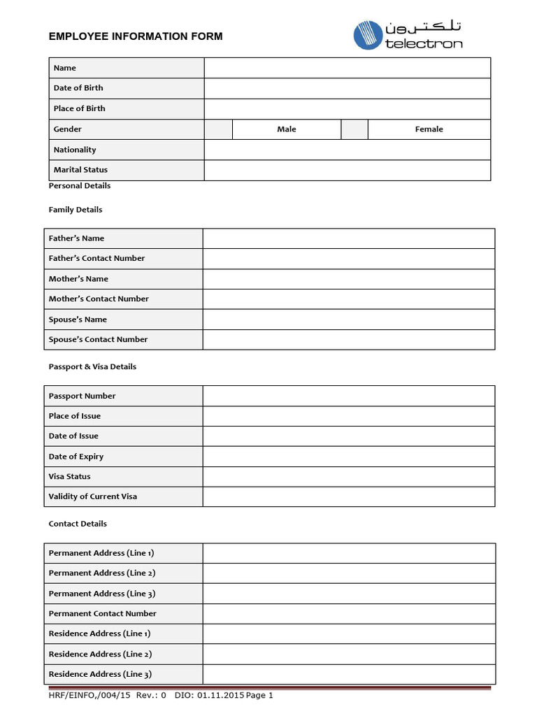 Emloyee Information Form | PDF | Employment | Travel Visa