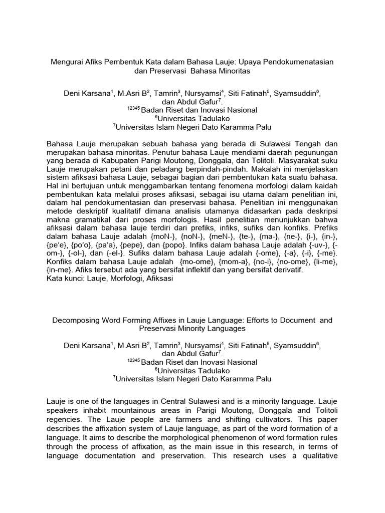 ABSTRAK Mengurai Afiks Pembentuk Kata Dalam Bahasa Lauje | PDF | Kajian Bahasa Asing