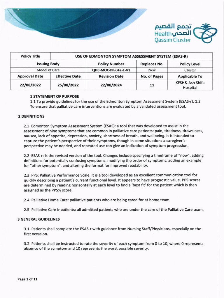 Guidelines for ESAS-R in Palliative Care | PDF | Palliative Care ...