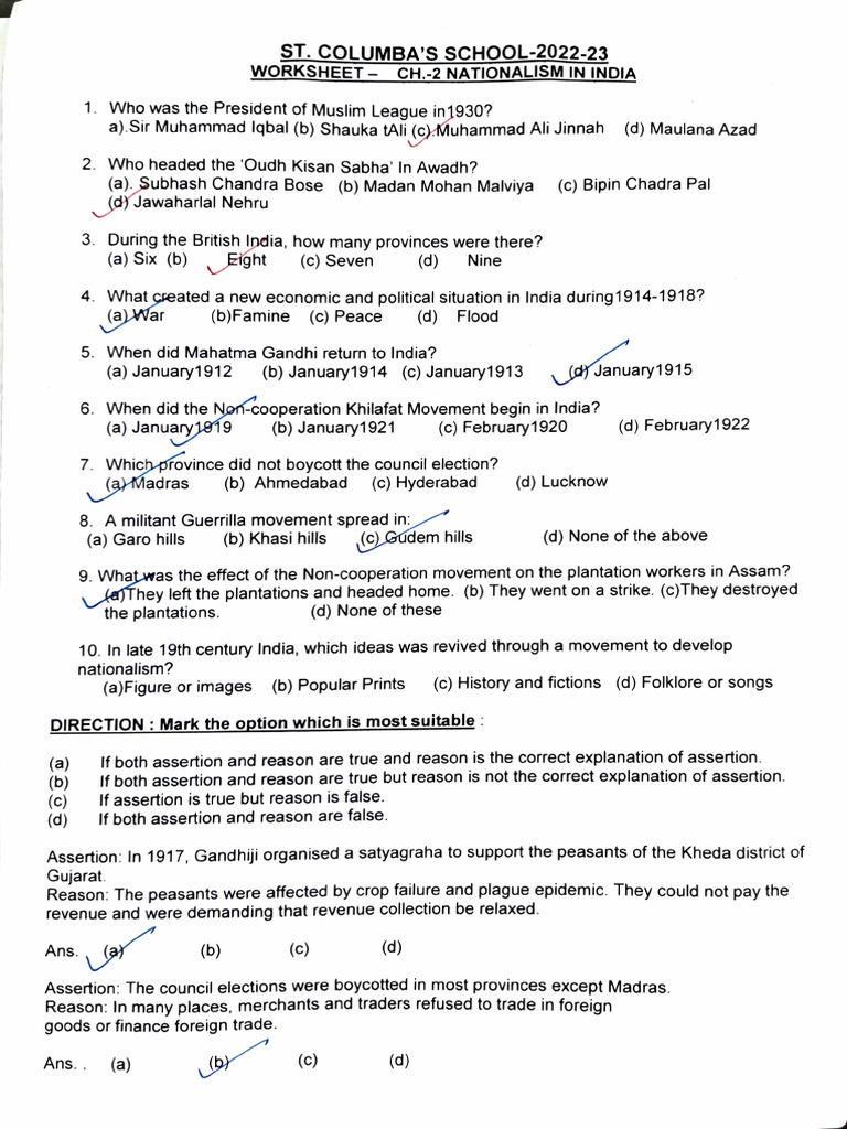 Nationalism in India Worksheet Class 10 | PDF