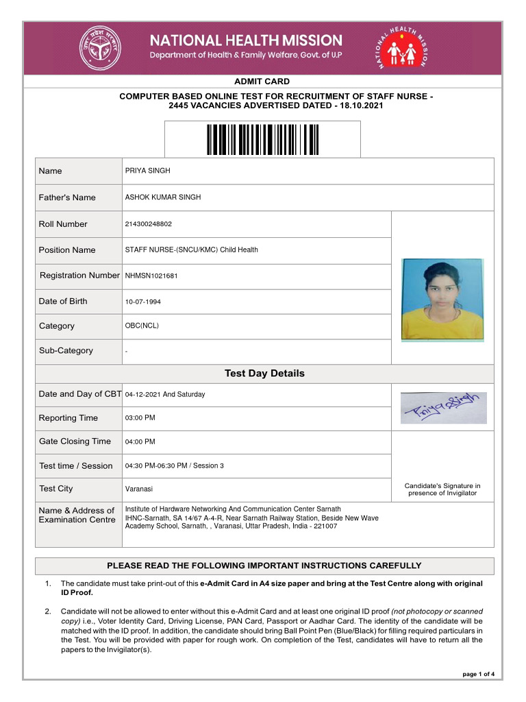 Candidate Hall Ticket | PDF | Common Cold