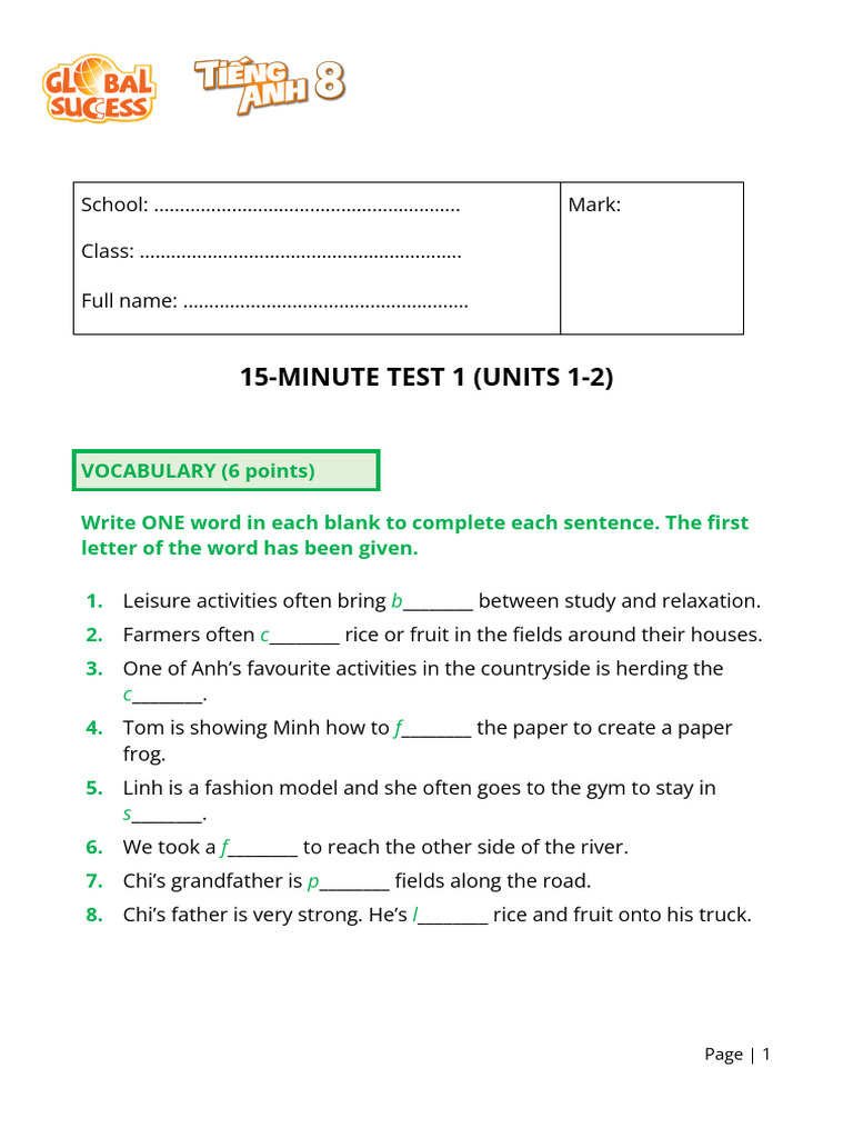15-Minute English Test for Units 1-2 | PDF