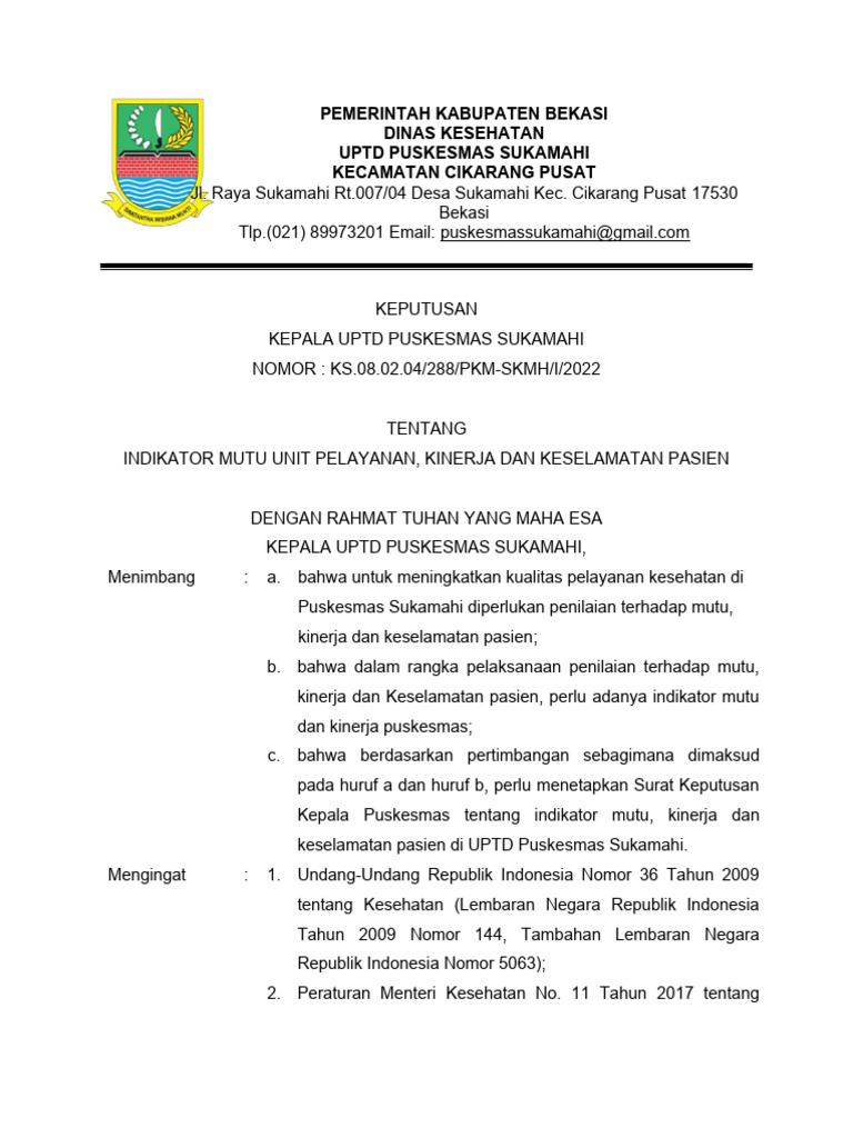 SK Indikator 2022 Mutu Unit Pelayanan, Kinerja Dan Keselamatan Pasien | PDF