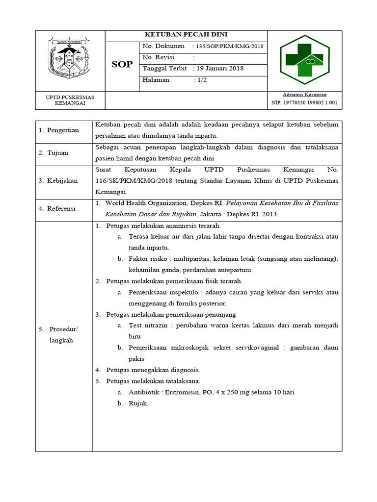 SOP Ketuban Pecah Dini (KPD) | PDF