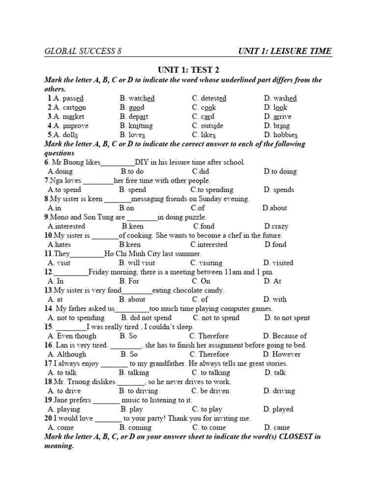 Unit 1 Test: Leisure Time for Grade 8 | PDF