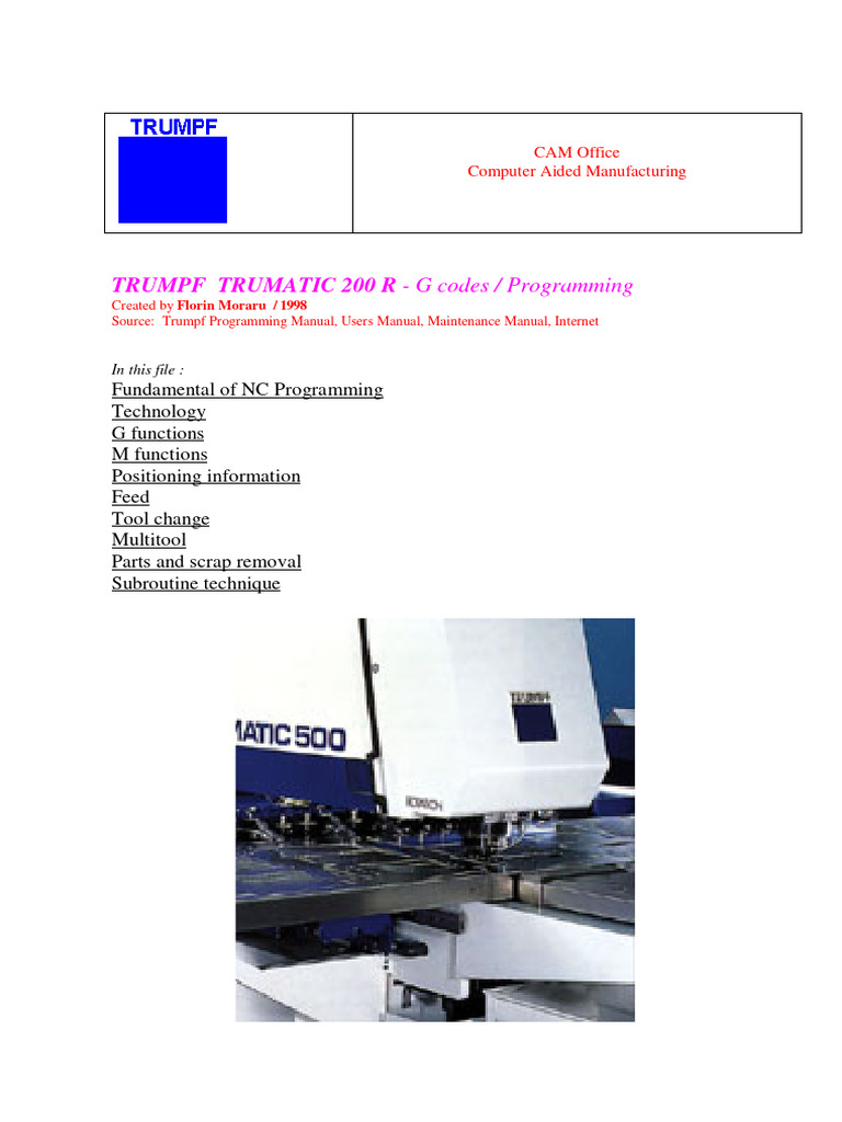 Trumatic 200R Programing Manual | PDF | Sheet Metal | Machining Trumatic 200R Programing Manual | PDF | Sheet Metal | Machining