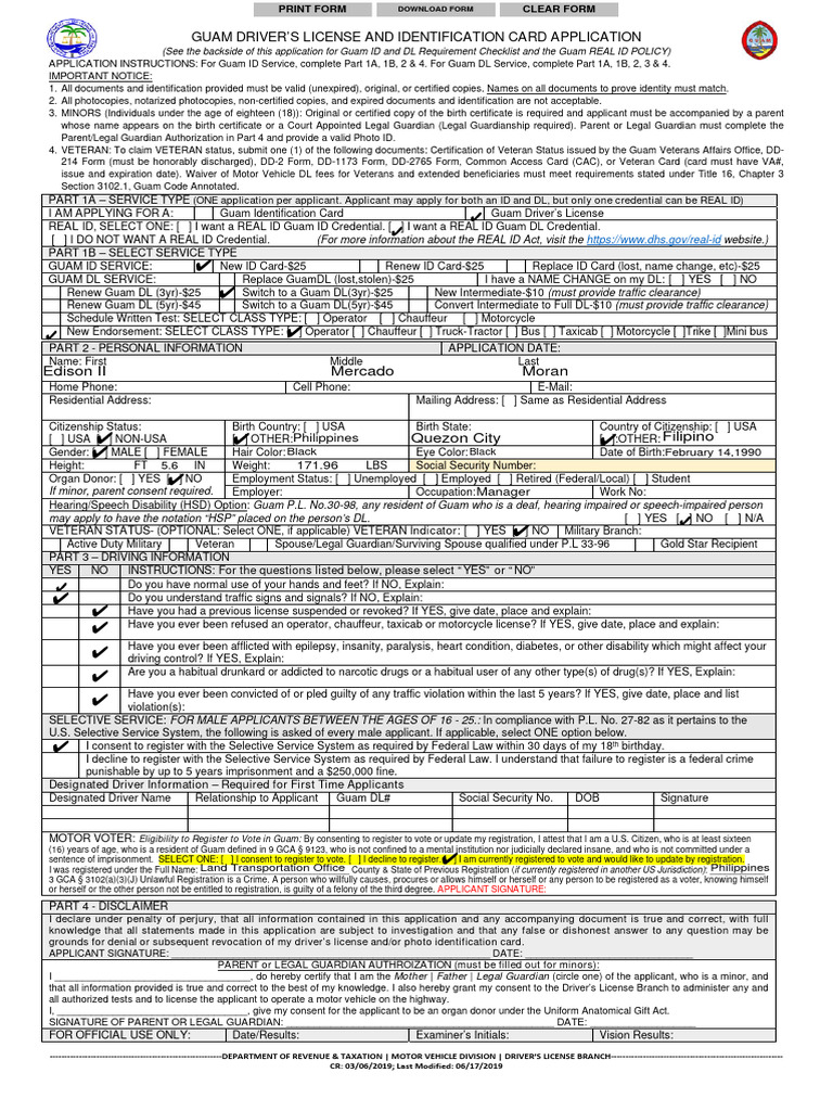 Guam Drivers Licenseand Identification Card Application | PDF ...