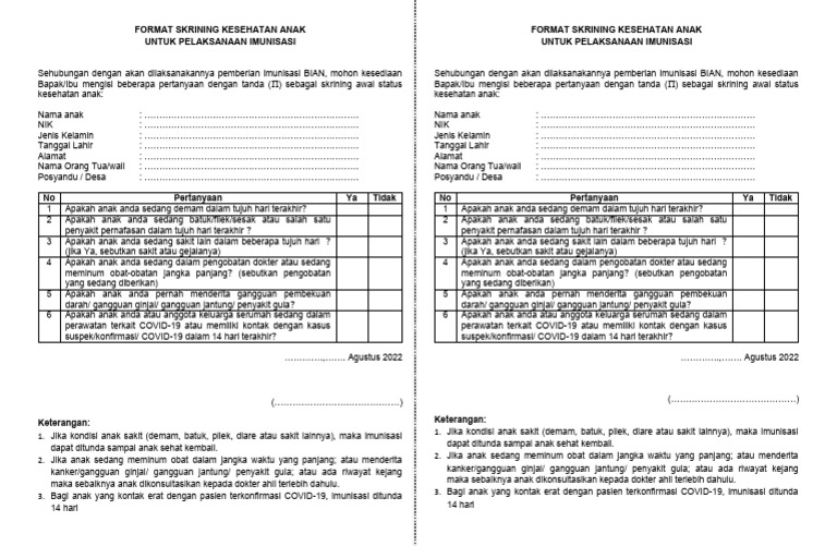 Format Skrining Kesehatan Anak (Bian) | PDF | Kesehatan Holistik Format Skrining Kesehatan Anak (Bian) | PDF | Kesehatan Holistik