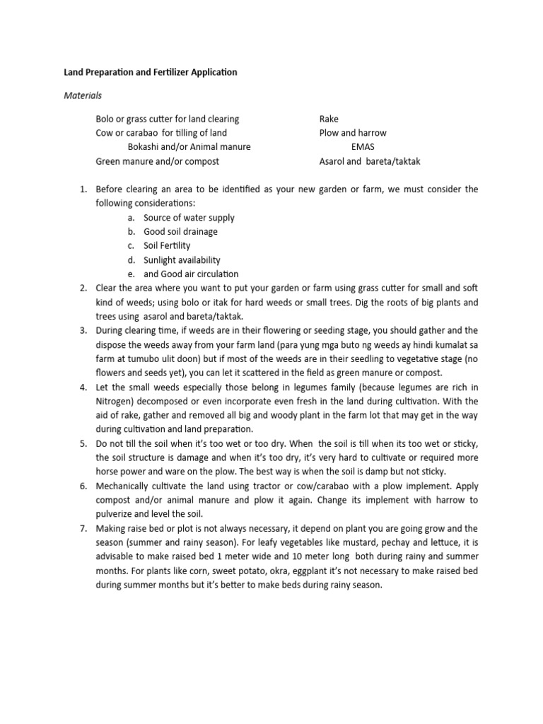 Land Prep & Fertilizer Guide for Farming | PDF | Manure | Compost