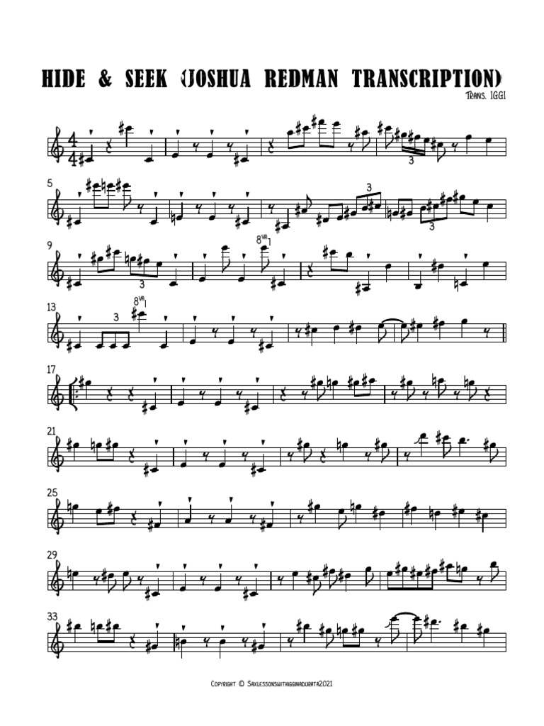 HIDE & SEEK (JOSHUA REDMAN TRANSCRIPTION) - Full Score | PDF