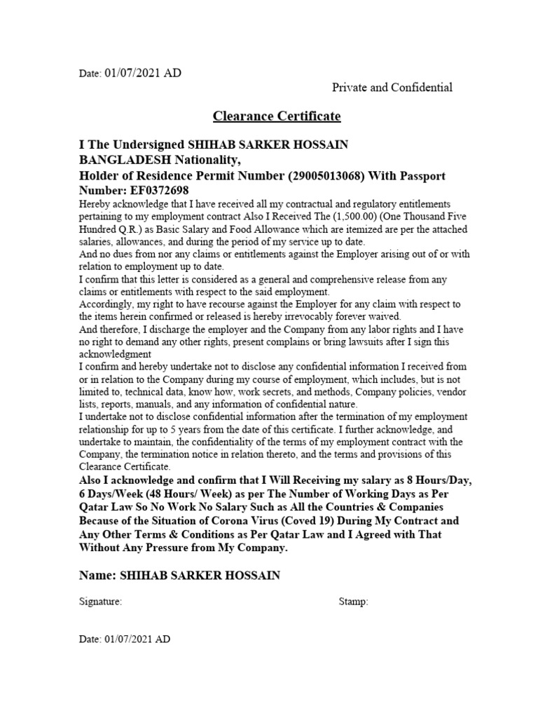Clearance Certificate SHIHAB | PDF | Employment | Private Law
