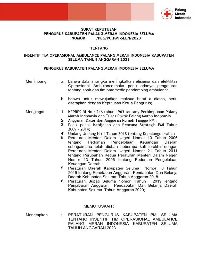 Insentif Sopir Ambulance PMI Seluma 2023 | PDF