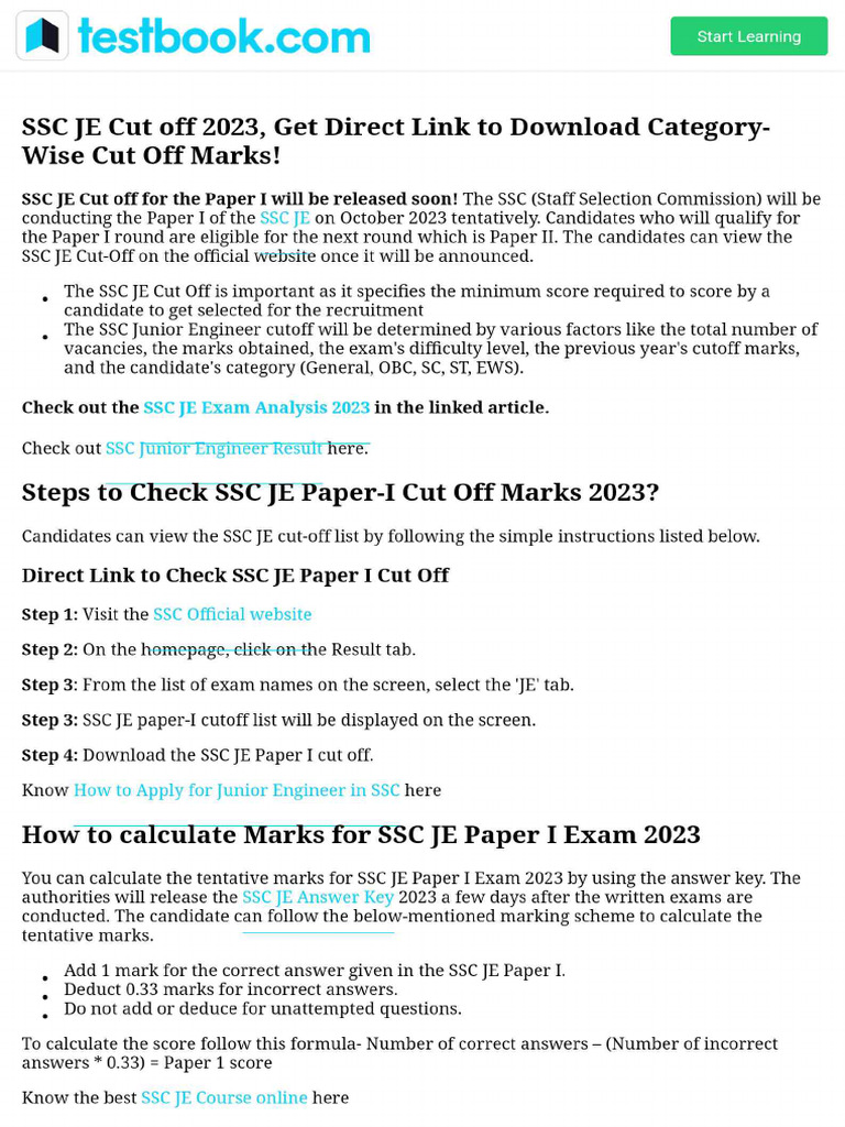 SSC JE Cut Off 2023, Get Direct Link To Download Category-Wise Cut Off Marks! | PDF
