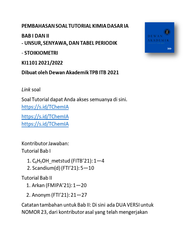 Pembahasan Soal Tutorial Kimia Dasar IA Bab 1&2 2021 | PDF Pembahasan Soal Tutorial Kimia Dasar IA Bab 1&2 2021 | PDF
