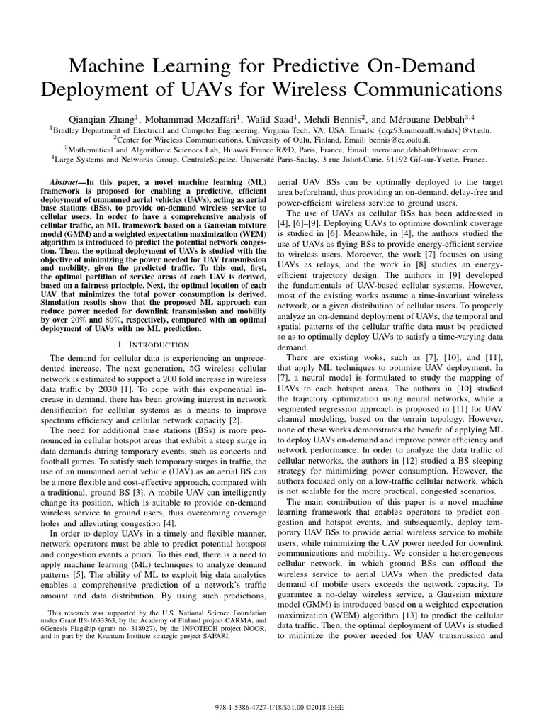 2018 Machine Learning For Predictive On-Demand Deployment of UAVs For Wireless Communications ...