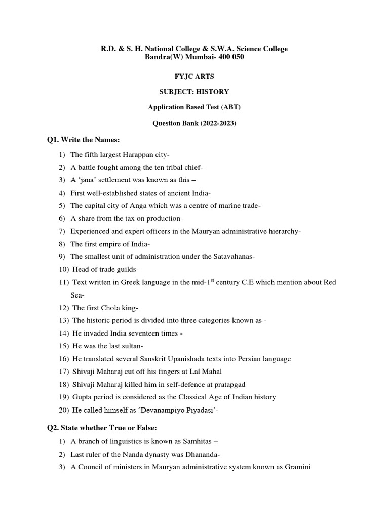 History ABT Question Bank | PDF | Asia | South Asia