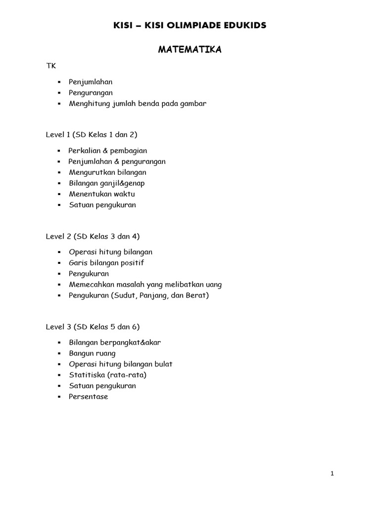 KISI-KISI TK-SD PERLEVEL Olimpiade | PDF