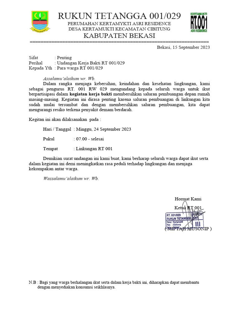 Undangan Kerja Bakti RT 001/029 | PDF