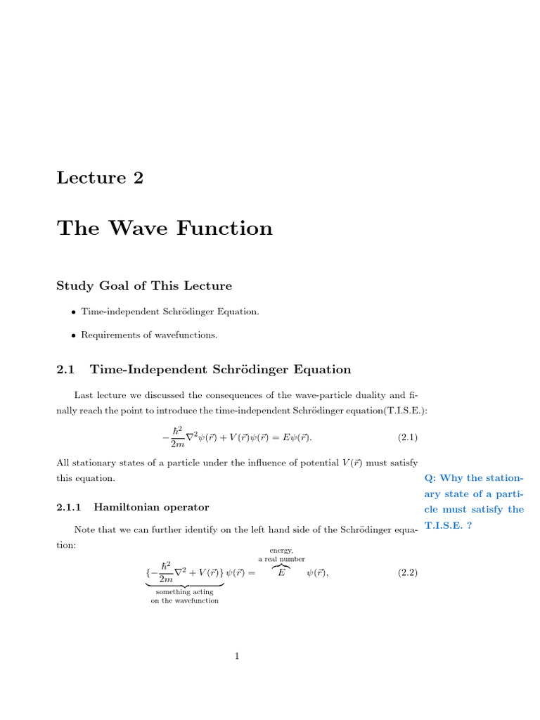 Lecture 2 - The Wave Function | Download Free PDF | Wave Function | Schrödinger Equation