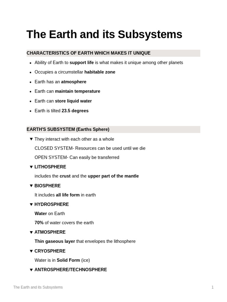 The Earth and Its Subsystems | PDF | Social Science