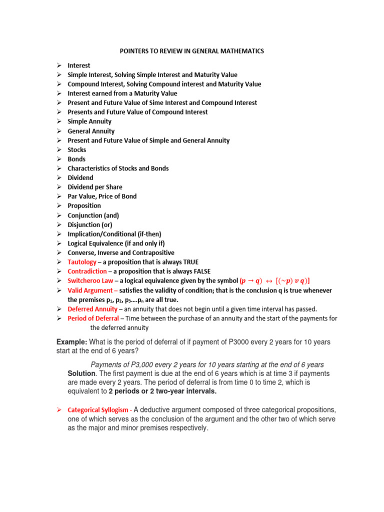 POINTERS TO REVIEW IN GENERAL MATHEMATICS - 2nd Quarter | PDF | Argument | Logical Expressions